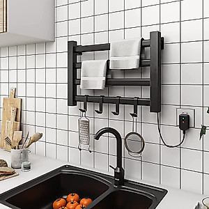 Heated Towel Rack with 4 Hooks, Constant Temperature 55°C, 4-Bar Wall Mounted Hot Towel Rack Aluminum Alloy Electric Towel Drying Rack Plug-In Towel Warmers for Bathroom Kitchen, 55*35CM,Black