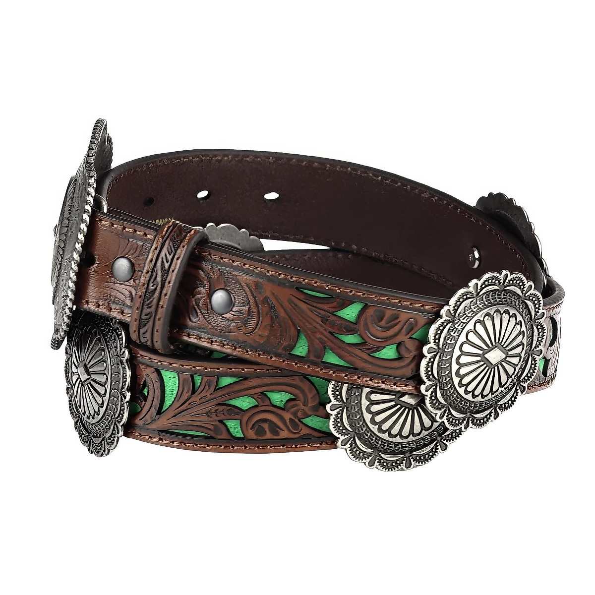 ARIAT Women's Western Belt, Turquoise with Tan Floral Embossed Strap, Silver Conchos, 1-1/4" Width, Large (38" Waist)