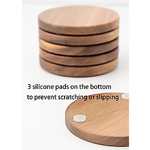 Wood Coasters for Drinks Tabletop Protection with Holder Set of 6, Acacia Wooden Coasters for Coffee Table Desk Round with Non-Slip Pad Cup Coasters for Home Office Christmas Decor 4 Inch