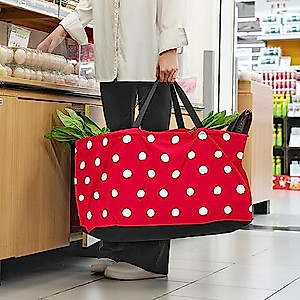 KQNZT Reusable Grocery Bags, Large Foldable Reusable Shopping Tote Bags Bulk for Groceries, Waterproof Kitchen Cloth Produce Bags with Long Handles, Pink White Wave Dot Fashion