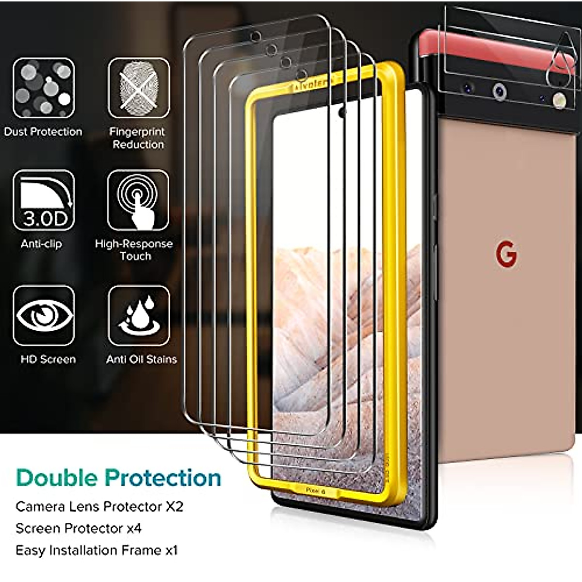 ivoler [4+2 Pack Screen Protector for Google Pixel 6 [4 Pack] with Camera Lens Protector Tempered Glass [2 Pack] [Fingerprint Unlock Compatible] with Alignment Frame Easy Installation HD Clear Film