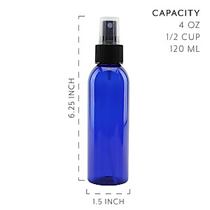 Cornucopia 4oz Blue Empty Plastic Refillable PET Spray Bottles w/Fine Mist Atomizer Caps (6-Pack); Sprayers for DIY Home Cleaning, Aromatherapy, Travel, & Beauty Care (4 Ounce, Cobalt Blue, 6)