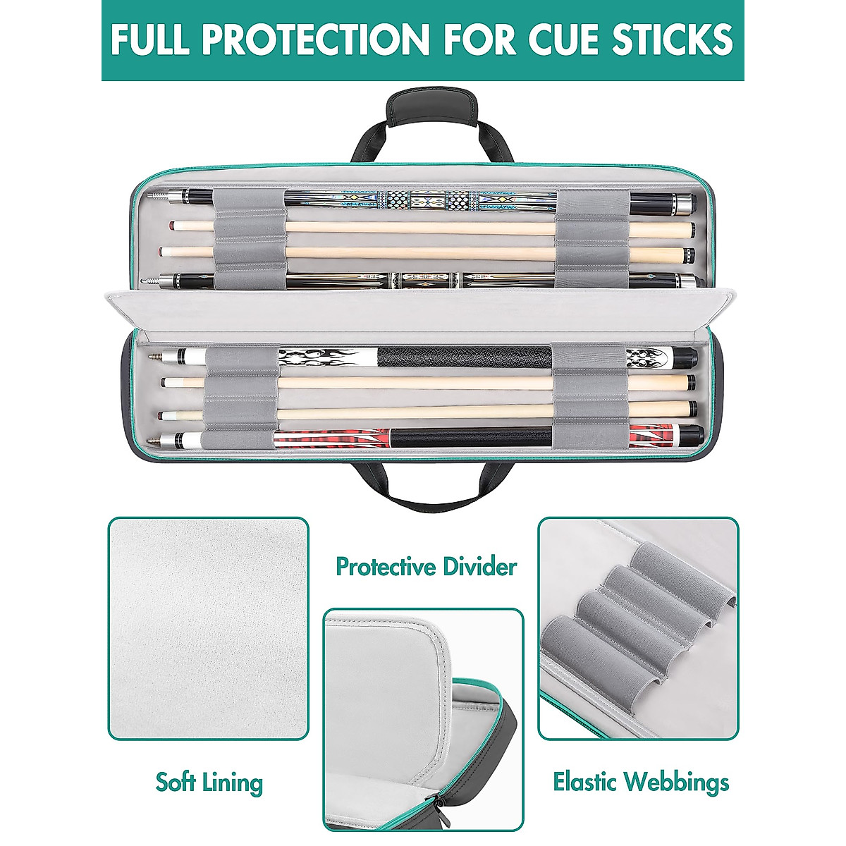 PEKREWS Pool Cue Case 4x4 Pool Stick Bag with Backpack Straps Soft Billiard Cue Carrying Case with Shoulder Strap, Billiard Stick Case Holds 4 Butts 4 Shafts and Billiards Accessories, Black