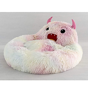 Pearlead Pet Bed Soft Donut Cuddler Nest Warm Plush Dog Cat Cushion Bed Durable Round Monster Shaped Pet Bed for Dogs & Cats Anti-Slip Soft Shaggy Warm for Winter Rainbow M-Diameter 23.62 "