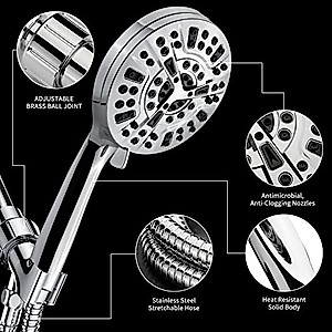 High Pressure Handheld Shower Head, 8-mode Spray Settings + 2 Power Jet Modes Shower Heads, Extra Long 5FT Stainless Steel Hose and Adjustable Bracket for Bath Showerhead (Premium Chrome)
