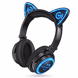 Mindkoo Wireless Headphones Bluetooth, Cat Ear Over Ear Headphones, LED Light Up 7 Color Blinking, Safe Foldable Headset Stero, with Microphone, for Kids Adults
