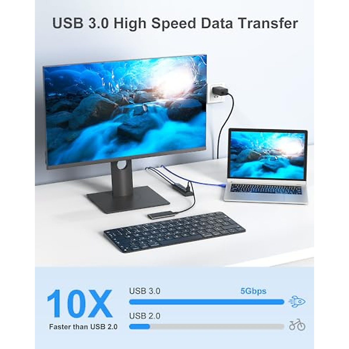 USB Hub, Aiibe 6 Ports Super High Speed USB 3.0 Hub Splitter + 10W Power Adapter + USB 3.0 Cable, Black Smart Fast Charger Powered USB Hub for Laptop, Mac, PC, Mobile HDD, Mulitple Devices