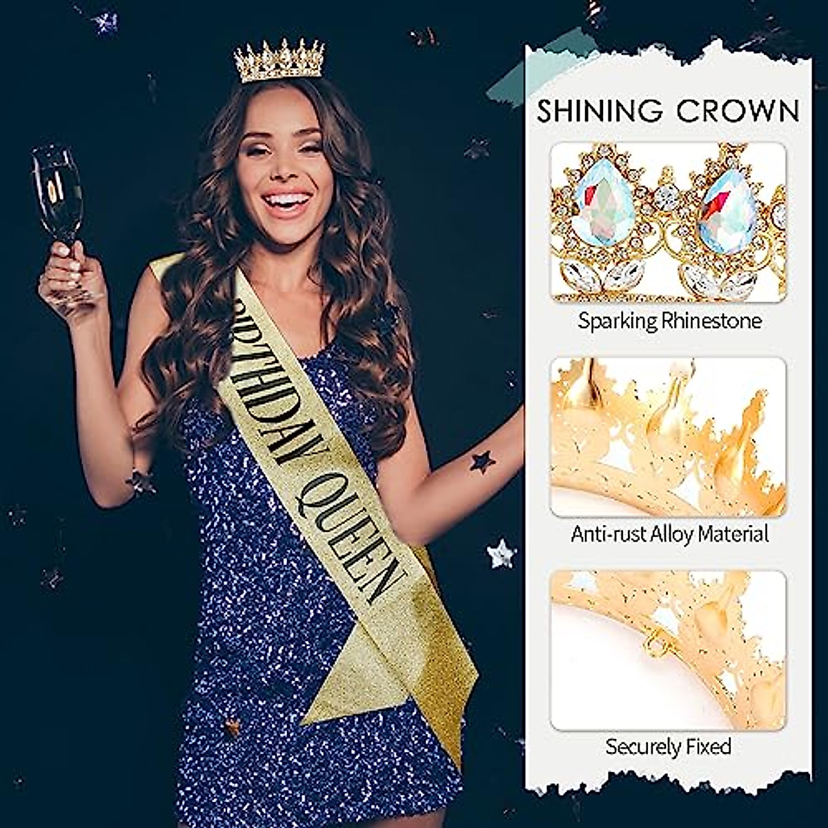 KICOSY Crowns for Women Birthday Queen Sash & Crystal Crown Set Gold Birthday Tiara Birthday Crowns for Women Rhinestone Headband Birthday Sash and Tiara for Women Girls Birthday Decoration
