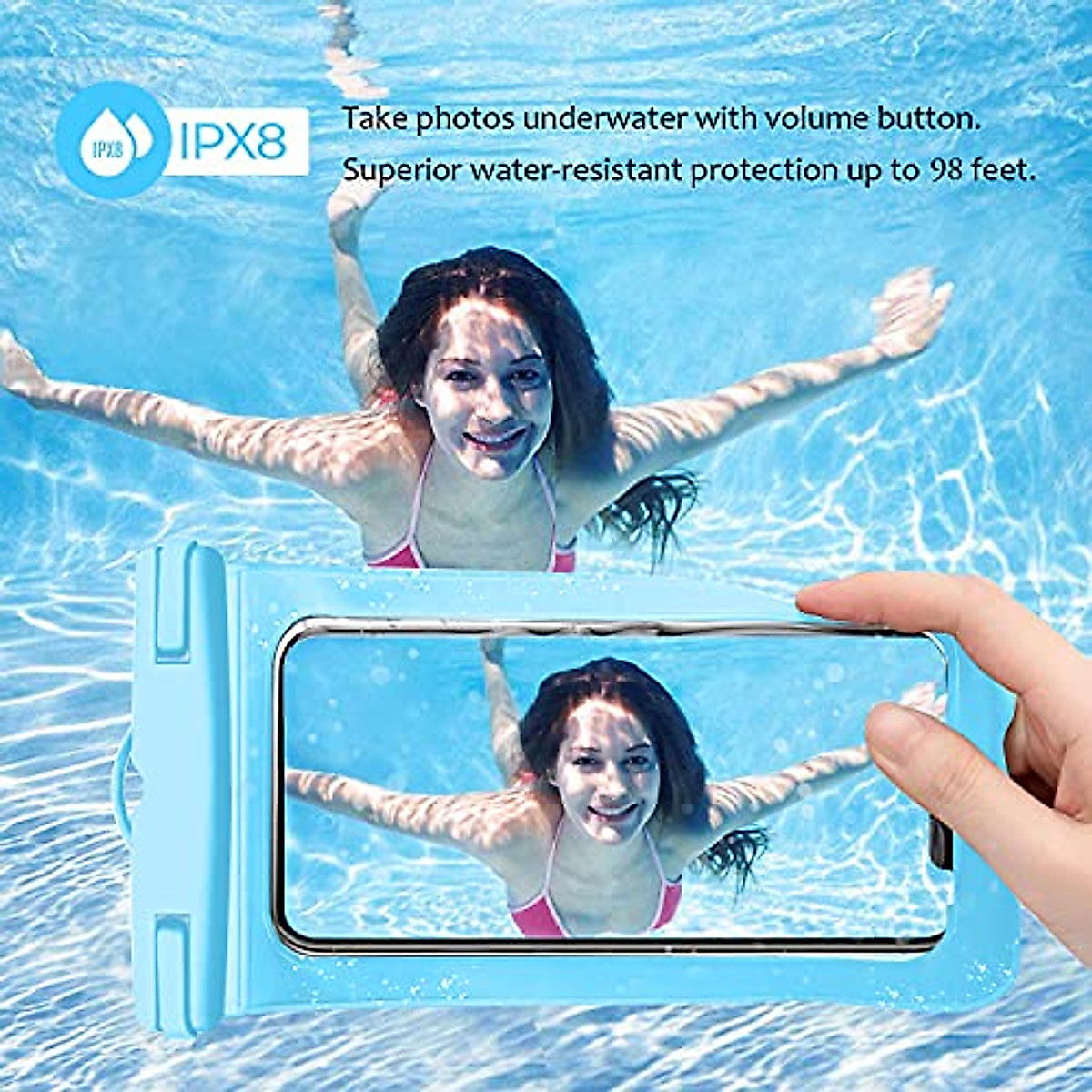 Weuiean Waterproof Phone Case, Waterproof Phone Bag with Detachable Lanyard, Phone Dry Bag for iPhone 12/11/SE/XS/XR 8/7/6Plus, Samsung S21/20/10/10+/Note up to 6.9 inch - 2Pack Blue+Blue