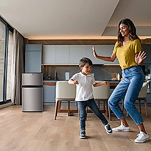 Upstreman 3.2 Cu.Ft Mini Fridge with Freezer, Stainless Steel 2 door, Adjustable Thermostat, Low noise, Energy-efficient, Compact Refrigerator for Dorm, Office, Bedroom