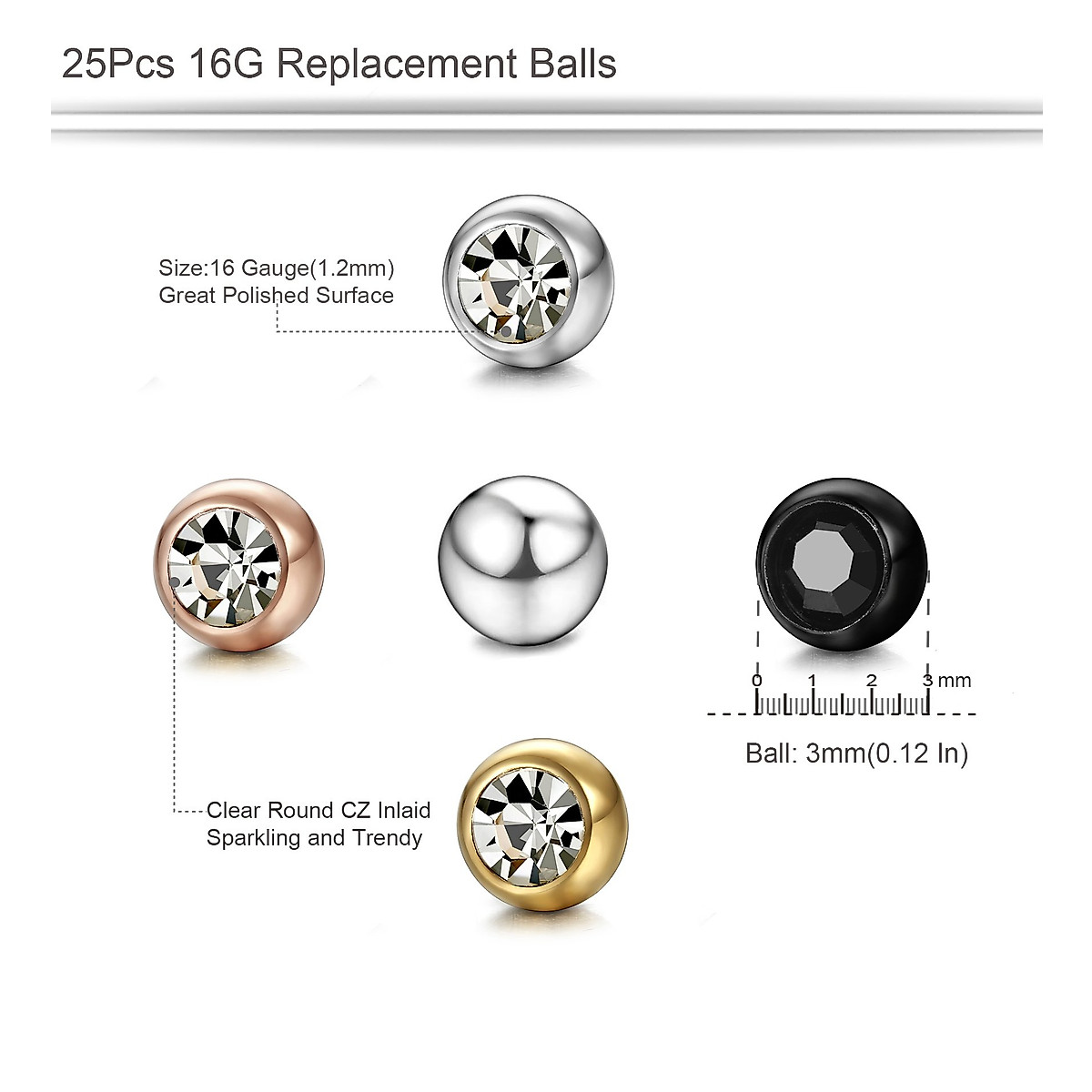 ORAZIO 25Pcs 16G Stainless Steel Replacement Balls Piercing Jewelry Balls for Women Men 3mm