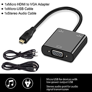 avedio Links Micro HDMI to VGA Adapter, Active Micro HDMI to VGA Video Converter with 3.5mm Stereo Audio, Micro HDMI to VGA Cable (Male to Female) Compatible with Laptop, Projector, HDTV