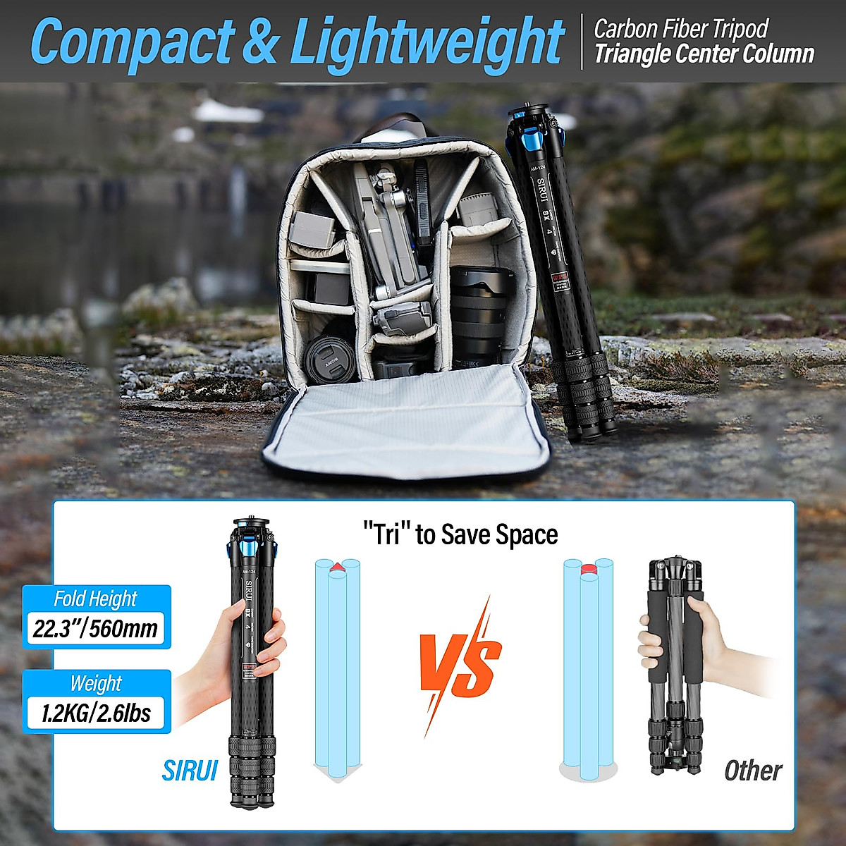 SIRUI AM-124 Carbon Fiber Tripod with Triangular Center Column, 62.6" Compact TravelTripod for Camera, 4 Sections, Waterproof Twist Lock, Load 26.5lbs