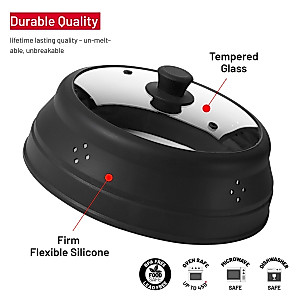 Bezrat Vented, 12-inch Collapsible Microwave Plate Cover for Food, Black - Silicone and Glass Splatter Guard Lid - Fits Plates, Bowls and Meal Prep Containers up to 11.8 x 4 Inch (Black)