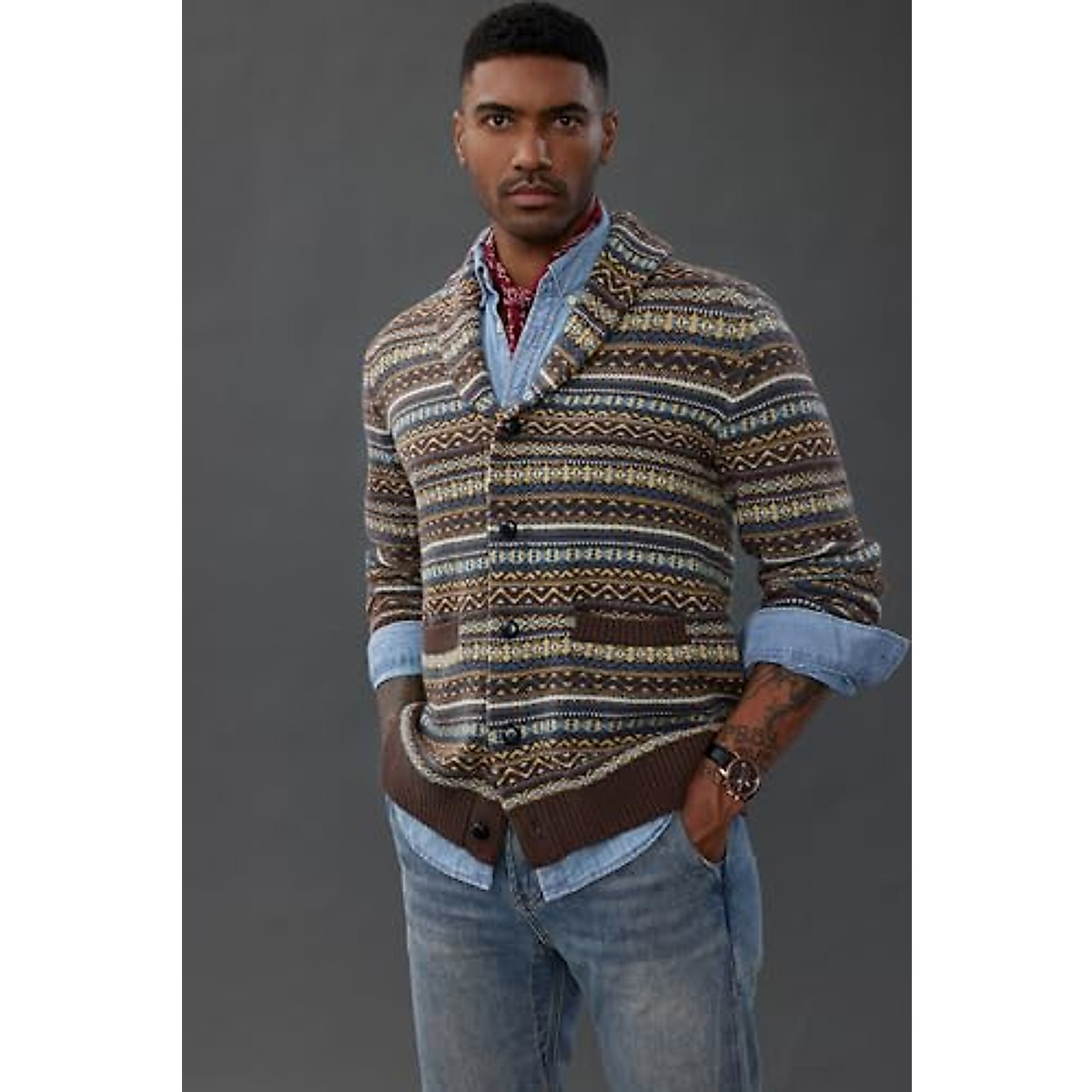 Men's Fair Isle Cardigan Sweater Stylish Ugly Holiday Cardigan Brown 2XL