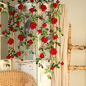 Veryhome Rose Vine Artificial Flower Garland Fake Hanging Rose Ivy Plants 6ft for Wedding Home Party Garden Arrangement Decor Pack of One (Red)