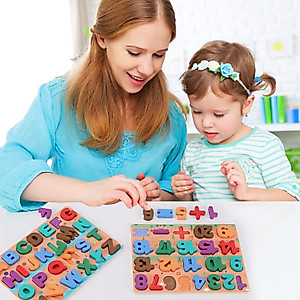 Wooden Alphabet and Number Puzzles (2 Pack), Toddler Puzzles Toys, Educational Learning Toy for Kids Boys and Girls and Preschoolers, Color Recognition, Motor Skills Matching Game