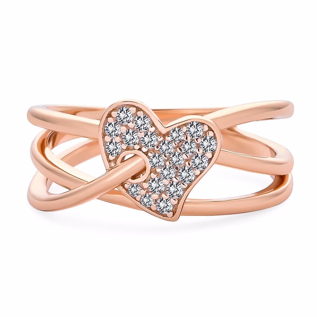 Romantic Pave CZ Accent Cubic Zirconia Crossover Intertwined Infinity& Heart Promise Ring For Women Rose Gold Plated .925 Sterling Silver