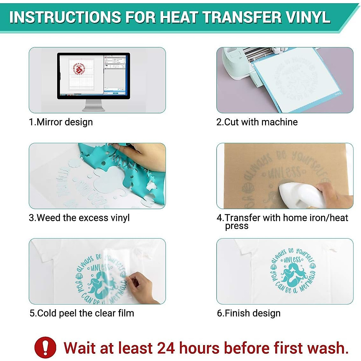 HTVRONT Heat Transfer Vinyl Bundle: 24 Pack 12"x12" Iron on Vinyl Sheets for T-Shirt, 21 Assorted Colors HTV Vinyl with 1 Teflon Sheet & Weeding Hooks