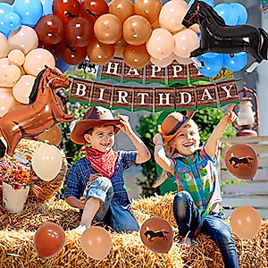 Horse Birthday Party Decorations, Cowboy Birthday Party Supplies for Boys - Horse Racing Theme Happy Birthday Banner Cake Cupcake Toppers Brown Blue Balloon Garland Arch Wild Horse Foil Balloons