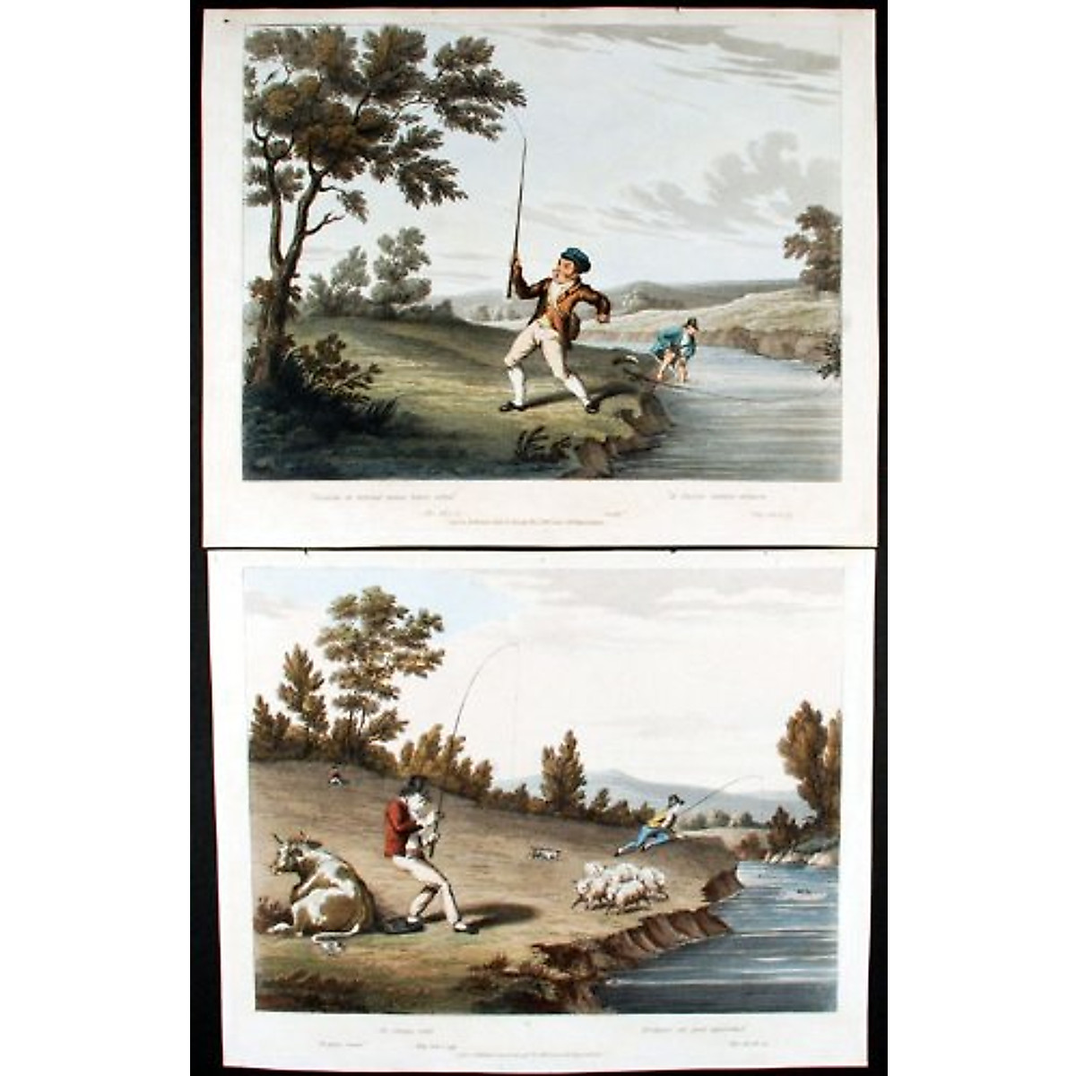 [A pair of angling prints each captioned with quotes from Horace and Virgil:] Sic omnia retro [and:] Piscium et summa genus hoesit ulmo