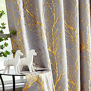 FMFUNCTEX Branch Grey Blackout Curtain Panels for Bedroom 84" Foil Gold Tree Branch Window Curtains Metallic Print Energy Efficient Thermal Curtain Drapes for Guest Living Room Grommet Top 2 Panels