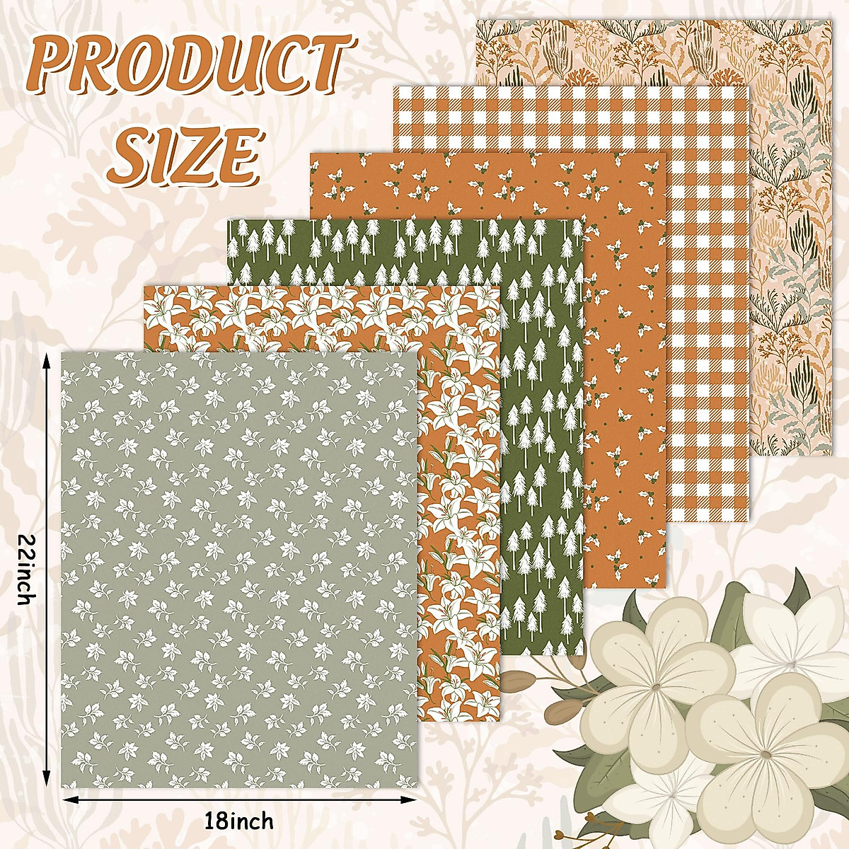 JarThenaAMCS 6Pcs Boho Cotton Fabric Bundles Retro Tree Plaid Fat Quarters Green Orange Flower Sewing Fabrics for Fall DIY Crafts Party Decor