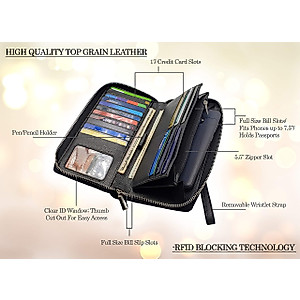 AG Wallets Women's Genuine Leather Large Capacity Wristlet with RFID Protection (Black)