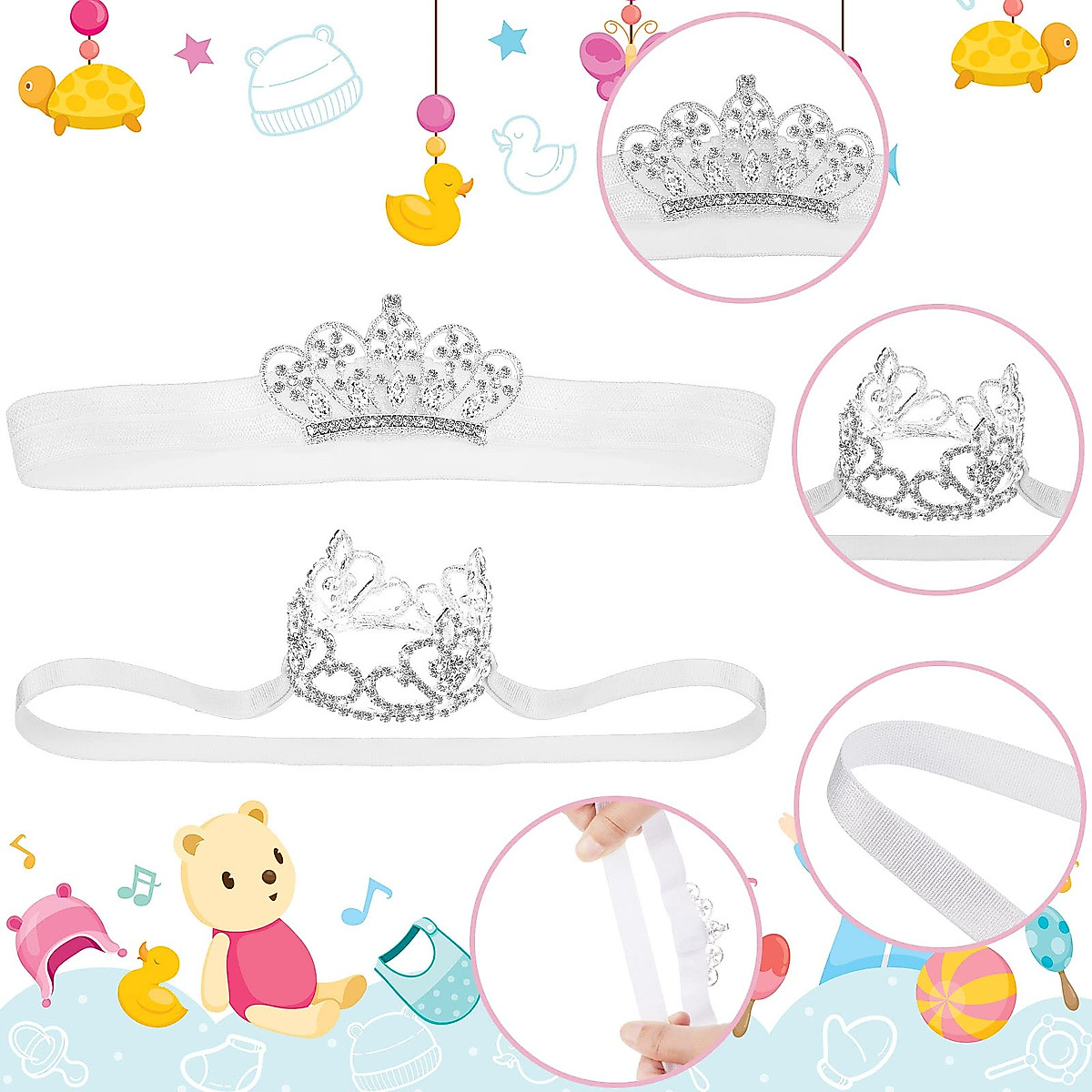 2 Pieces Baby Crown Baby Tiara baby crown headband baby girl crown Newborn Crown for Baby Girl infant tiara princess tiaras for little girls Birthday Elastic hair band Photography Outfits (Silver, White)