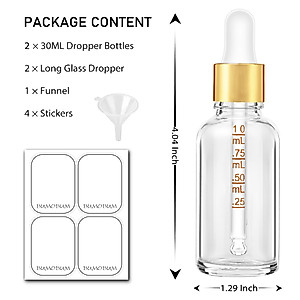 Bumobum Dropper Bottle Clear 1 oz, 30 ml Glass Dropper Bottles with Measurement and Golden Top Cap for Essential Oils, 2 pack Tincture Bottle with Labels and Funnel