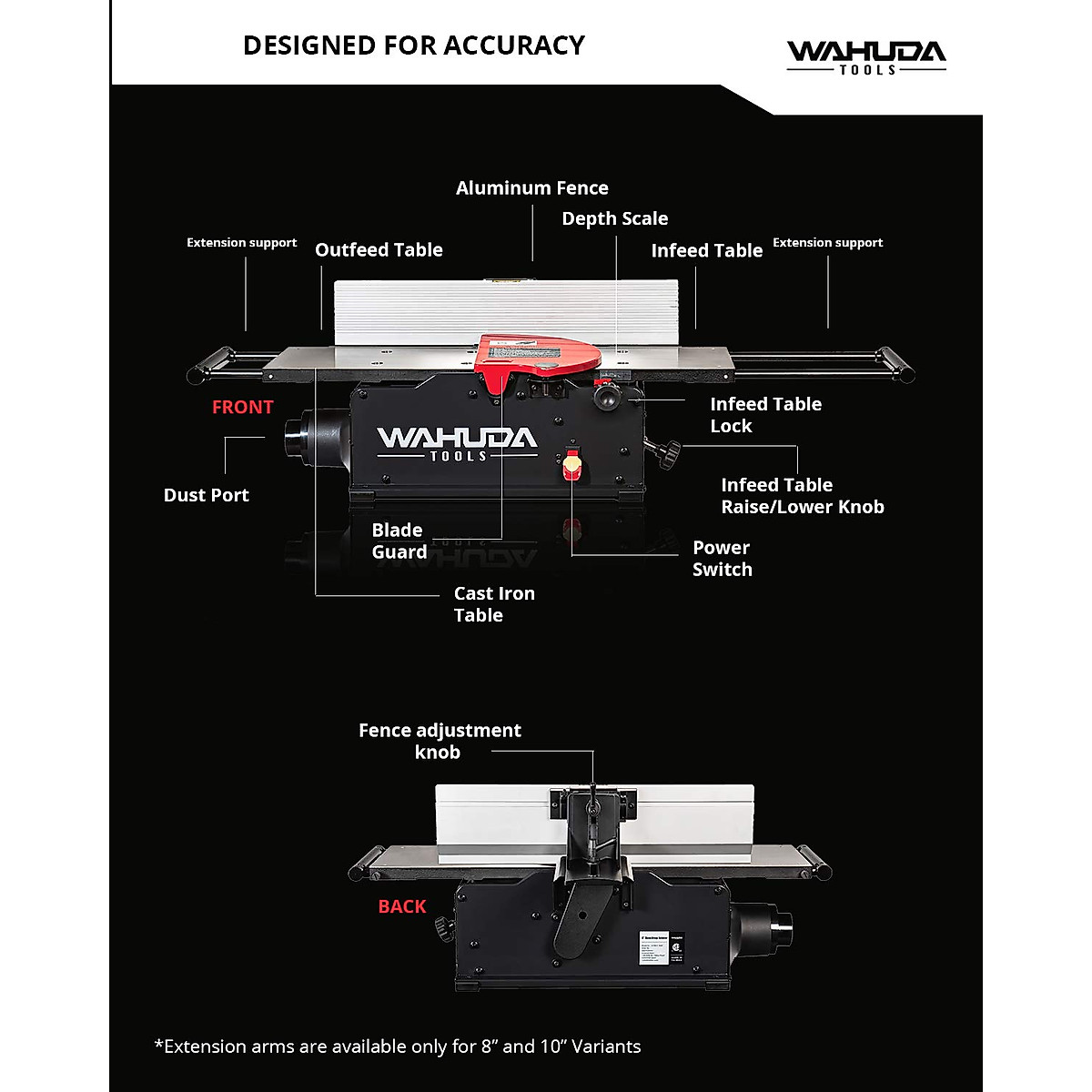 Wahuda Tools Jointer - 10-inch Benchtop Wood Jointer, Spiral Cutterhead Portable Jointer, Cast Iron Tables w/Pull Out Extensions, 4-Sided Carbide Tips & 12amp Motor, Woodworking Tools (50110CC-WHD)