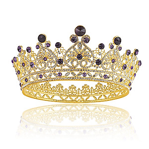 Amethyst Queen Crown and Tiara for Women Girls, Rhinestone Full Round Baroque Princess Crown Royal Costume for Wedding Birthday Party Prom Pageant Halloween (Gold and Purple)