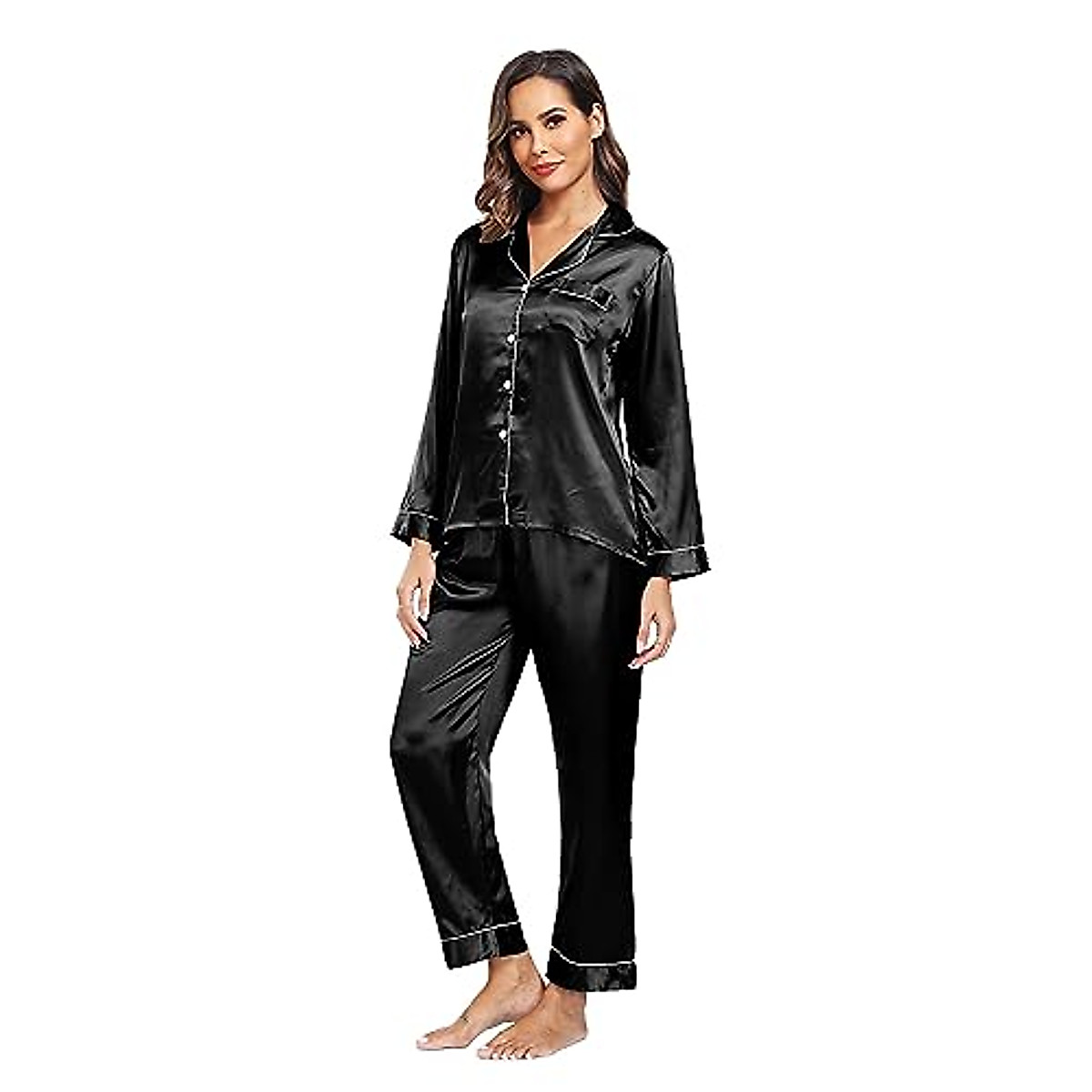 Super Shopping-zone Women's Soft Long Satin Pajama Set Long Sleeve Pjs Set Sleepwear Silk Loungewear Black