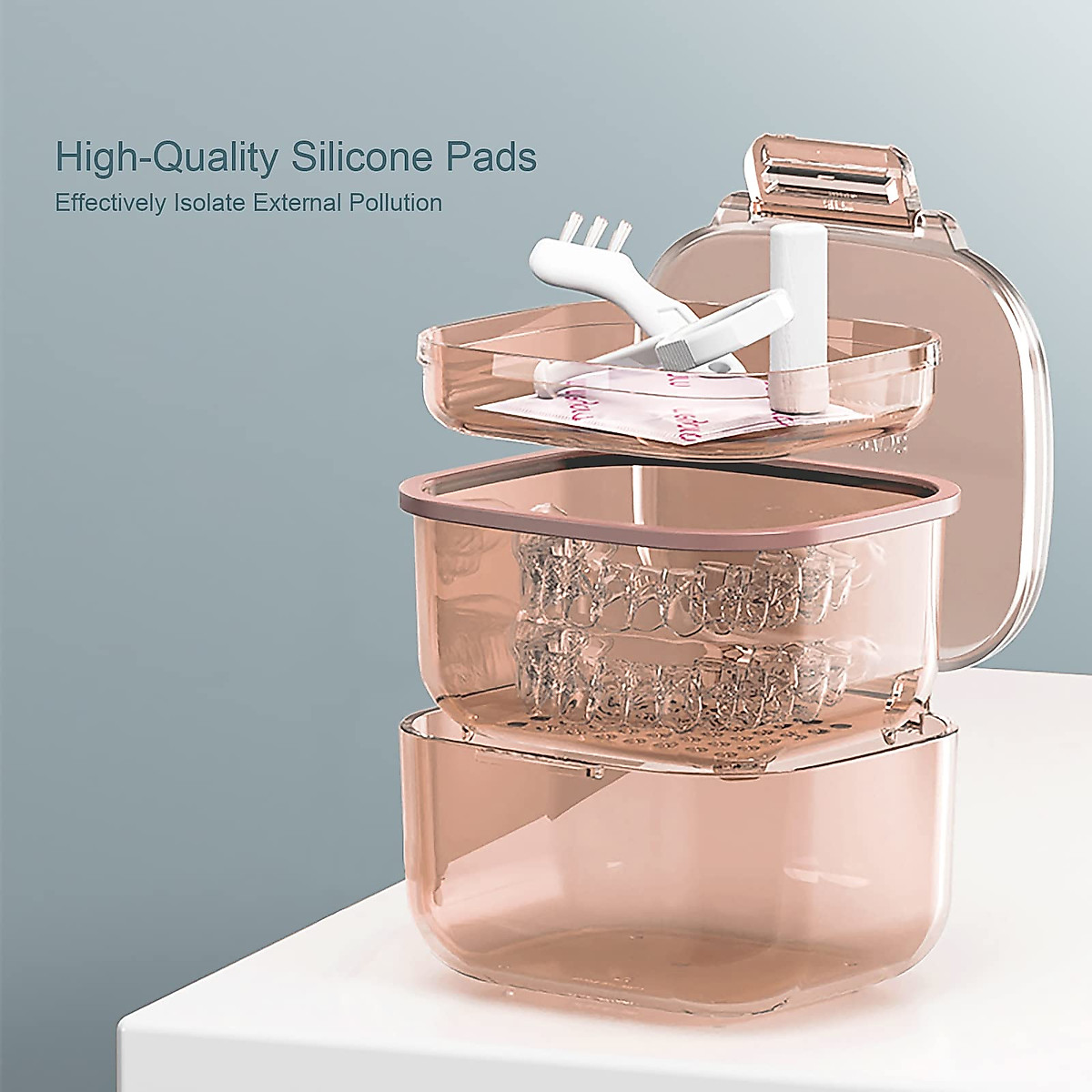 Retainer Case, Retainer Cleaner Case 2 Pack, Portable Denture Cases and Unique Denture Bath with Drain Tray, Denture Bridges, Partial Dentures, Traditional Braces, Etc. (Orange)