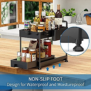 SOLEJAZZ 2-Tier Under Sink Organizer, Sliding Under Bathroom Cabinet Storage Drawer Organizer with Hooks, Hanging Cup, Dividers, Handles, Multi-purpose Under Sink Shelf Organizer, Black, 2 Pack