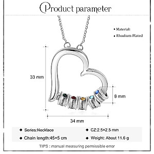 Wamantic Personalized Women's Pendant Necklace 925 Sterling Silver with 1-5 Simulated Birthstone Names Customized Heart Shape Cubic Zirconia Necklace For Christmas Gifts (5 Name&5 Stone)