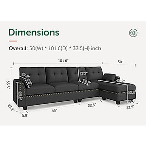 HONBAY Reversible Sectional Sofa L-Shape Sofa Convertible Couch 4-Seater Sofas Sectional for Apartment Deep Grey