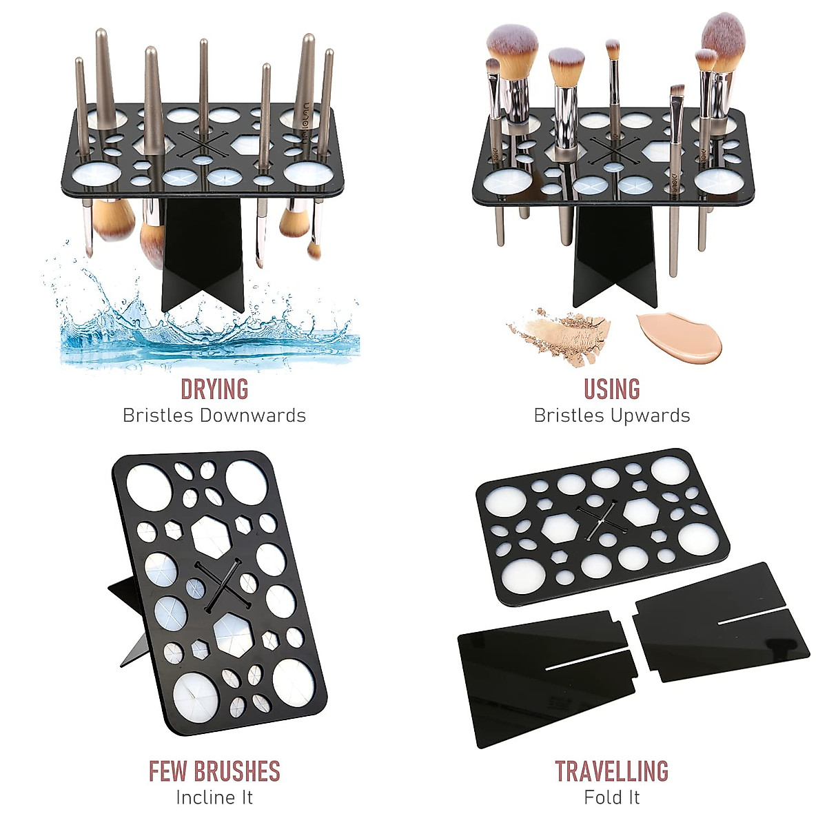 Makeup Brush Cleaning Mat & Makeup Brush Drying Rack, Diolan 28 Holes Makeup Brush Holder, Silicone Rubber Clover Shaped Mat Cleaner - Black & Pink