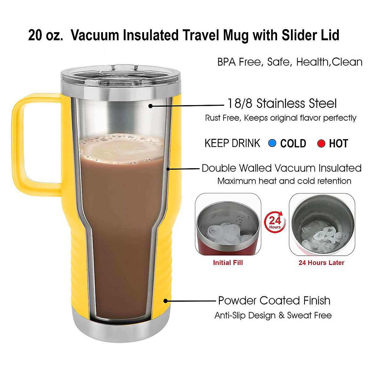 Polar Camel Personalized Tumblers with Slide Lid and Straw, Name Engraved Customized Cups, Stainless Steel Vacuum Insulated Travel Coffee Mugs - Women, Men Birthday Gift (Yellow, 20 oz)
