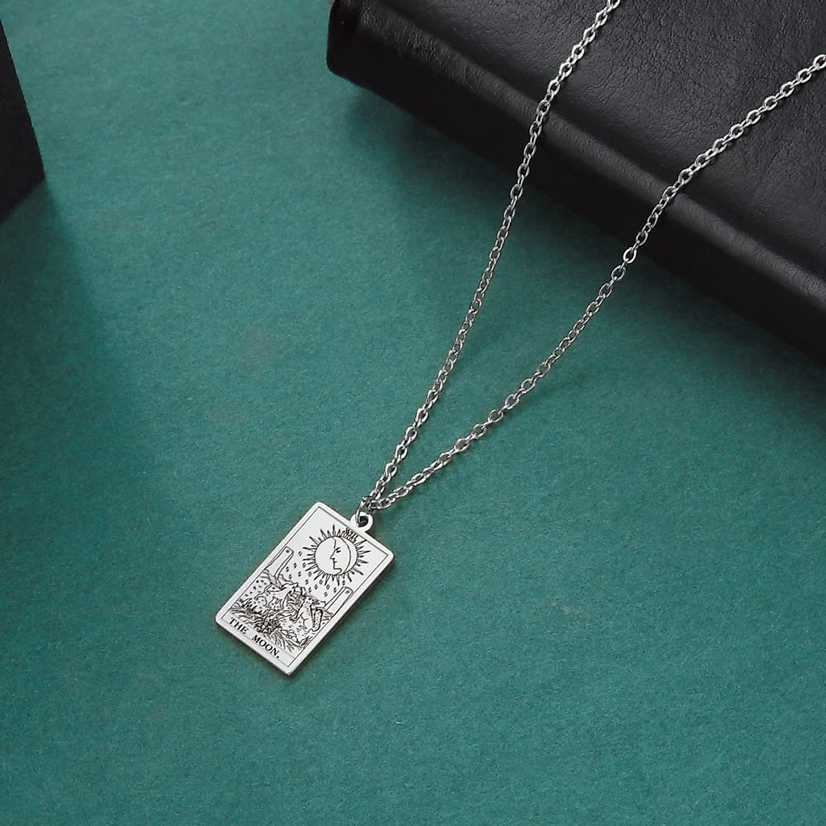 TEAMER Stainless Steel Tarot Cards Necklace Vintage Tarot Jewelry Good Luck Amulet Pendants for Women (Silver-THE MOON)