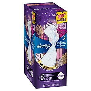 Always Radiant Flexfoam Pads for Women, Size 5, Extra Heavy Overnight Absorbency, With Wings, Scented, 18Count