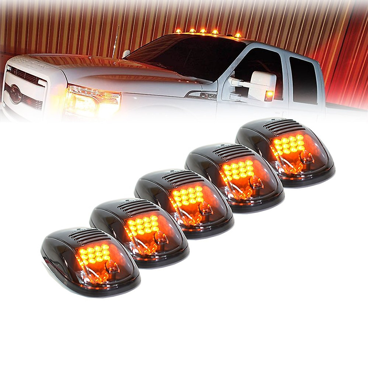 Xprite Black Smoked Lens 12 LEDs Cab Clearance Light 5 Pcs Roof Top Marker Running Lights Kit for Ford Dodge Ram Trucks SUV POV Pickup - Amber Yellow