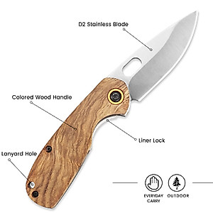 Kitory Pocket Knife 2.7"- EDC- Small Cute Folding Knife, D2 Stainless Sharp Blade with thick Wood Handle with Lanyard Hole, 2023 Gifts For Women and Men