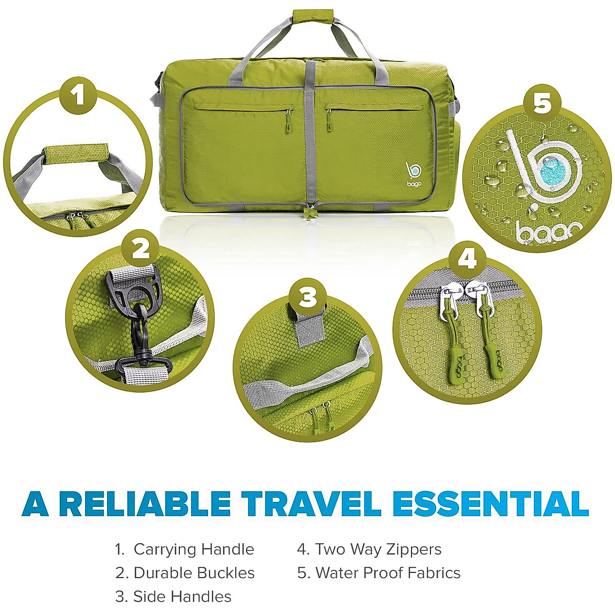 Bago Duffel Bags for Traveling - 80L Medium Duffle Bag for Travel with Shoe Compartment | Durable, Foldable & Lightweight | Explore the World in Style & Convenience (Green)