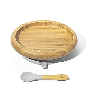 Avanchy® Classic Baby Plates Non Divided Bamboo with Suction for Babies Kids Toddler Food with Silicone Spoon for Feeding, Gray