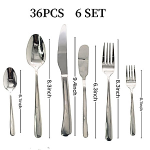 36 Piece Silverware Set with Placemat,MASALACO 6-Piece Stainless Steel Cutlery Set-Knife Fork Butter Knife and Spoon,Mirror Finish,Suitable for Home Restaurant Hotel Kitchen Utensils,Dishwasher Safe