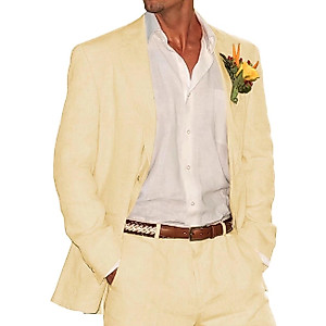 HUUTOE Two Piece Mens Linen Suit for Men Yellow Linen Suits for Beach Wedding Two Piece Mens Linen Suit XXXL 2024