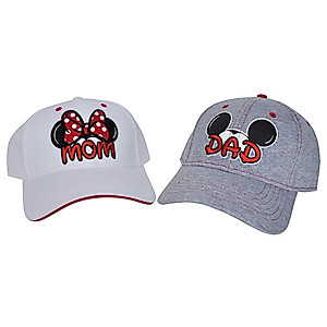 Disney Set Mickey & Minnie Hats Baseball Cap Men's Women's 2 Pack (White MOM & Grey DAD)