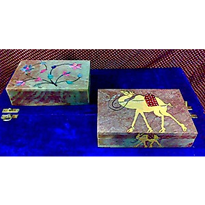 Soapstone Inlay Jewelry Boxes (6"x4" inch) 2 Pcs Handmade Decorative Antique Pietra Dura Art Work Colorful Flowers And Floral Design Rectangular Shape Box Semi-Precious Marble Showpiece Boxes
