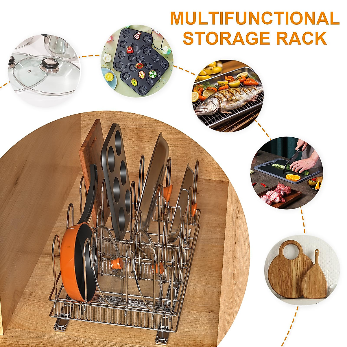 VyGrow Pots and Pans Organizer, Pull Out Pot and Pan Organizer for Cabinet Kitchen Pantry with 10 Adjustable Dividers, Heavy Duty Pan Organizer Rack 11Wx17.5Dx8.34H inch